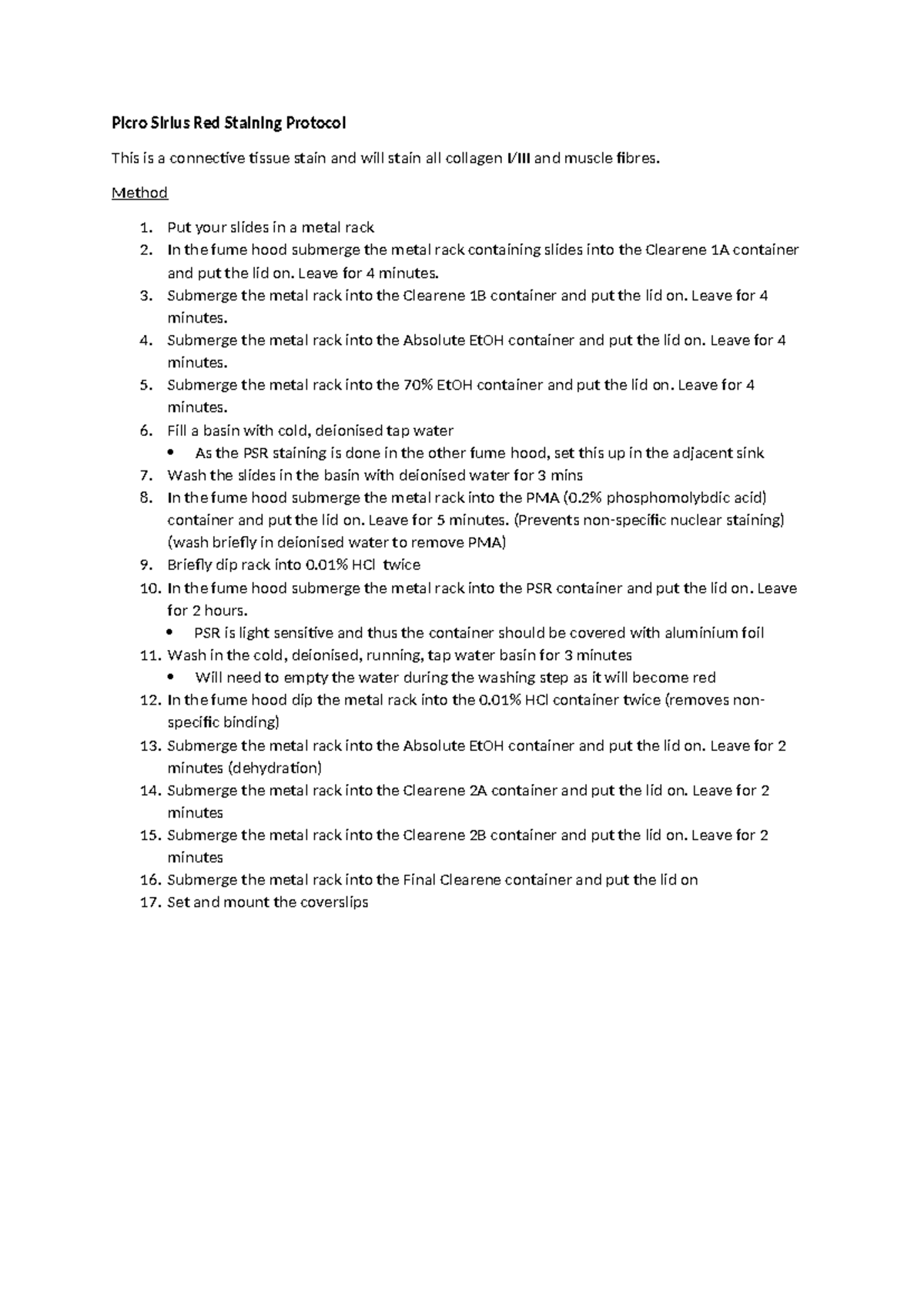 Picro Sirius Red (PSR) Staining Protocol for Connective Tissue - Studocu