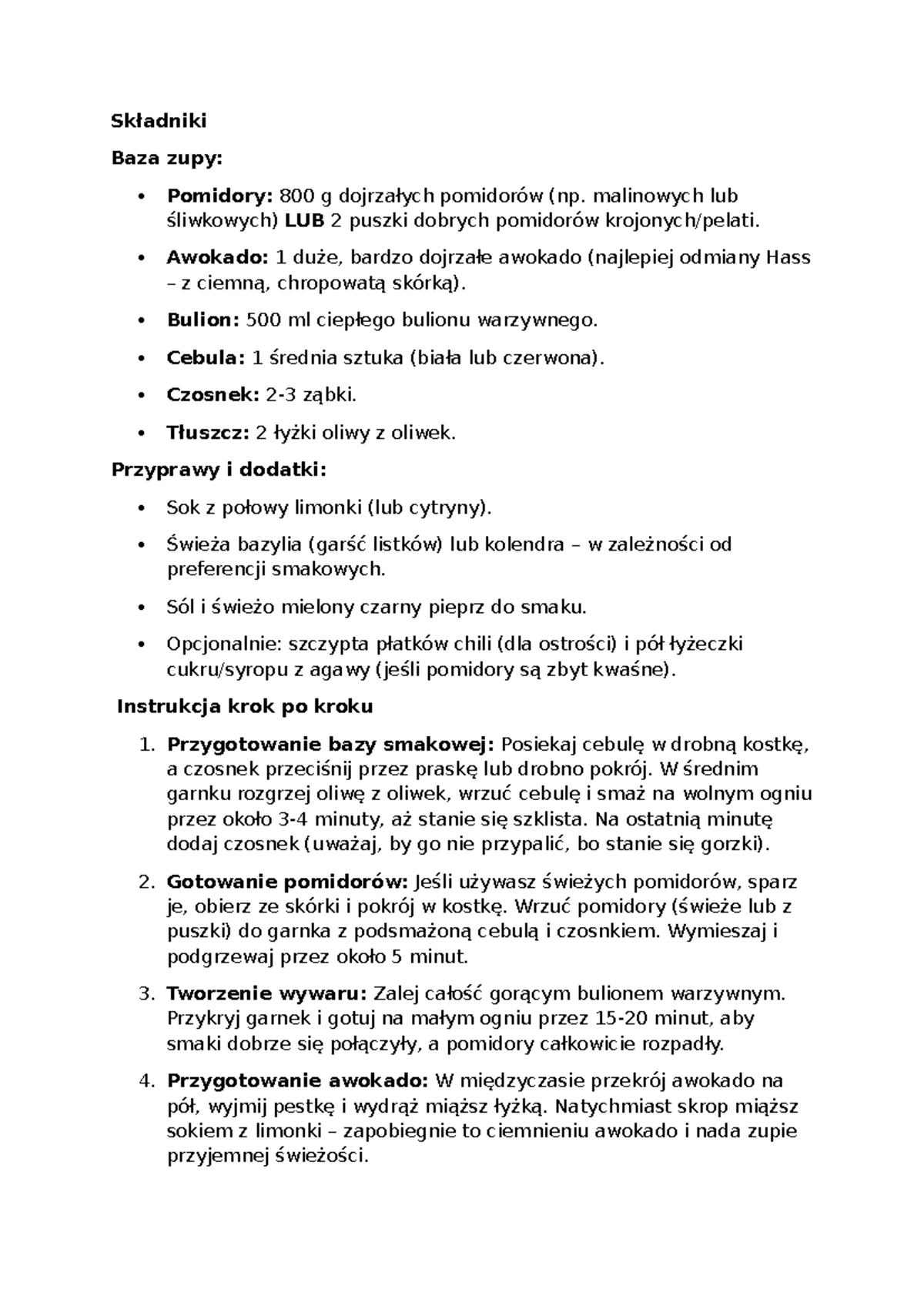 Zupa pomidorowa z awokado: Przepis i instrukcje krok po kroku - Studocu
