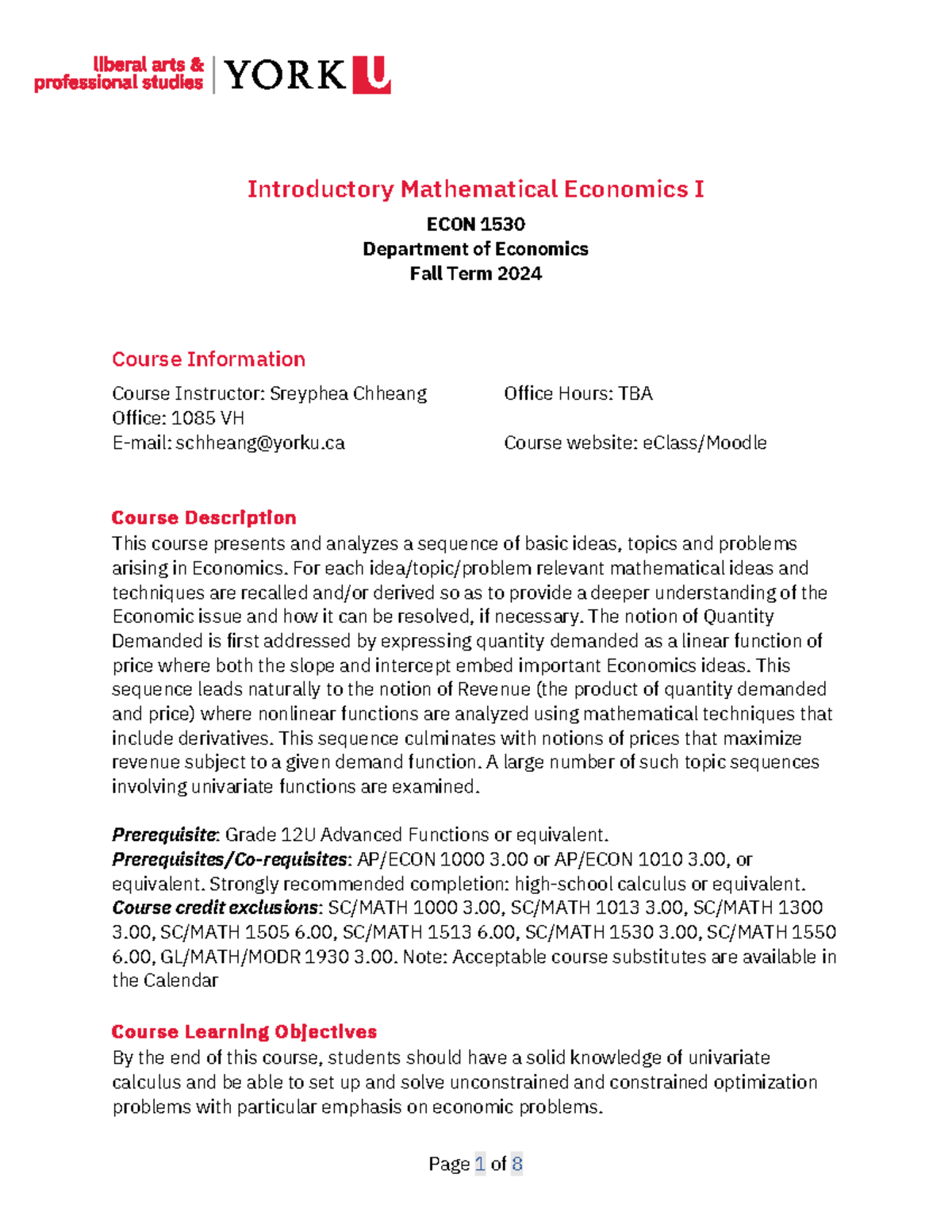 Econ1530 Course Outline: Introductory Mathematical Economics I Fall ...