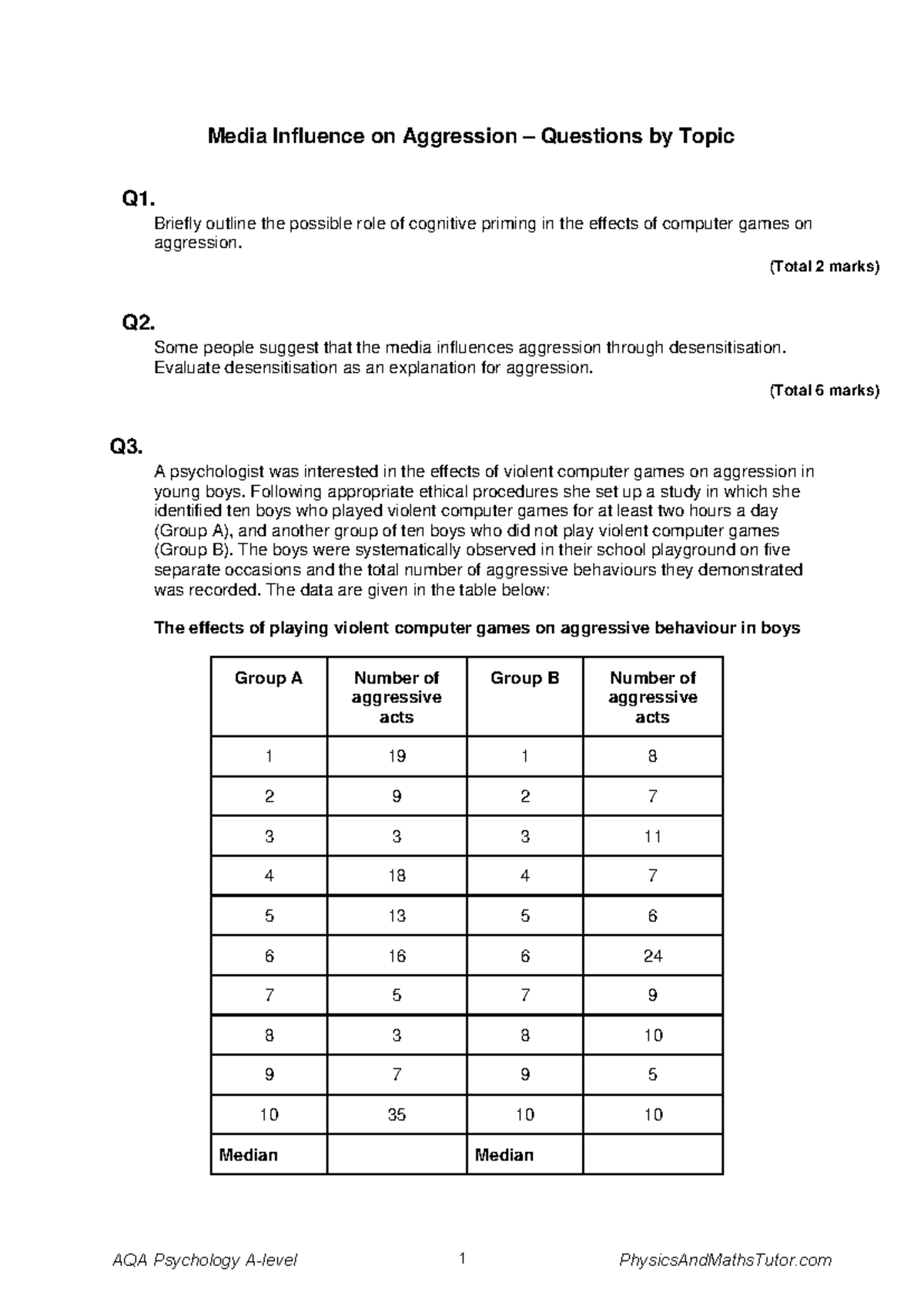 AQA Psychology: Media Influence on Aggression - Key Questions ...