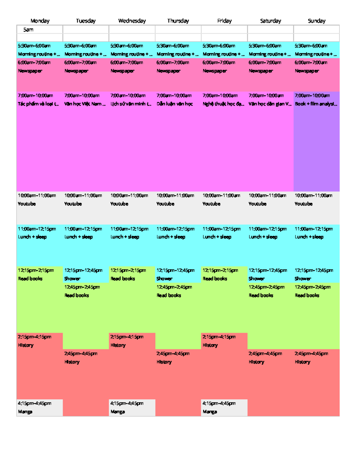 Weekly Timetable: Morning Routine & Activities Overview - Studocu