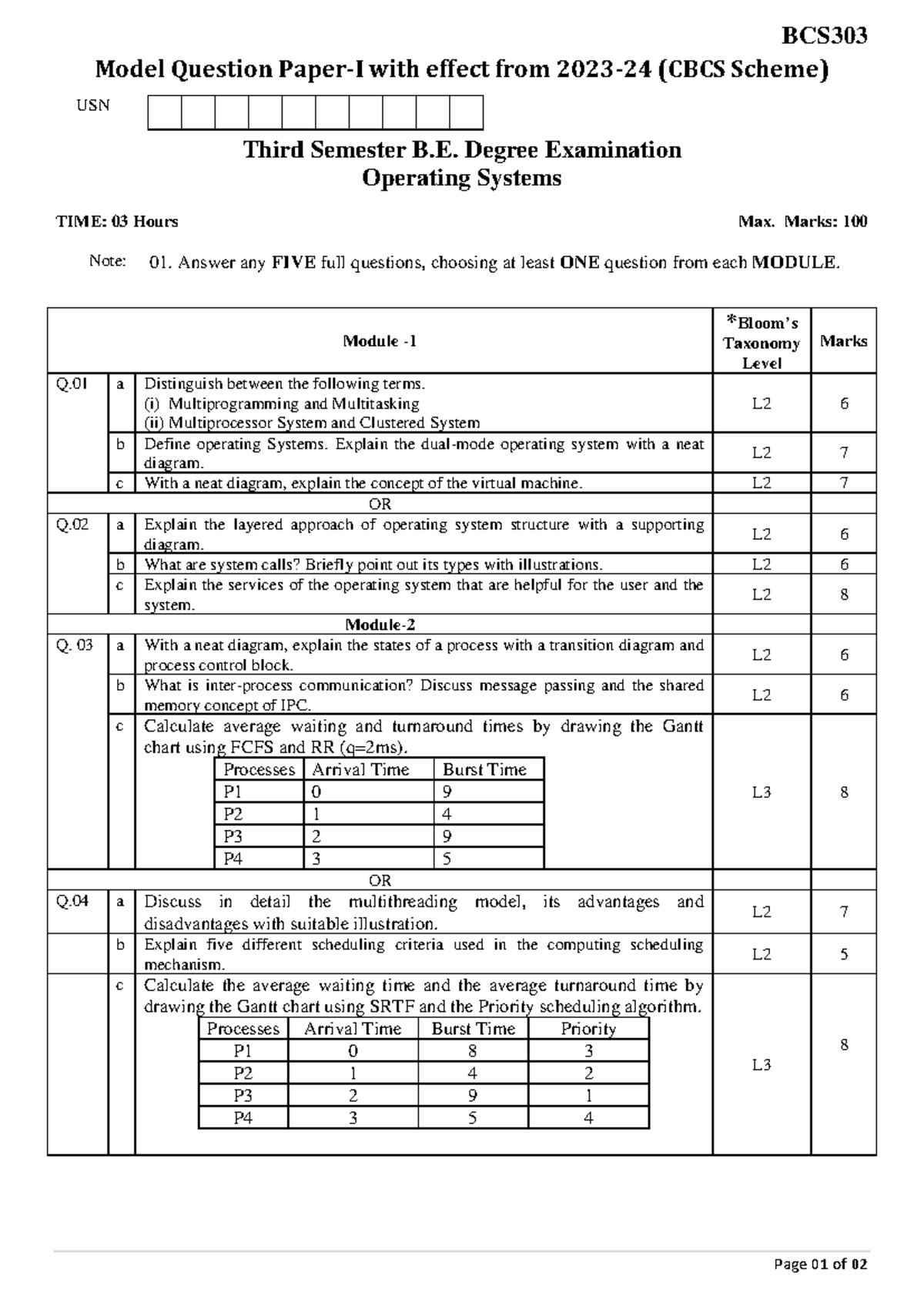 BCS303 Operating Systems Model Question Paper (CBCS Scheme) - Studocu