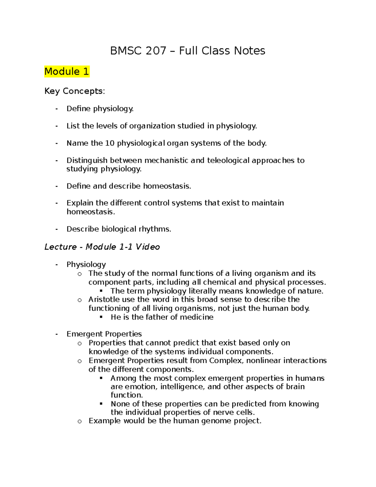 BMSC 207 - Full Notes - BMSC 207 – Full Class Notes Module 1 Key ...