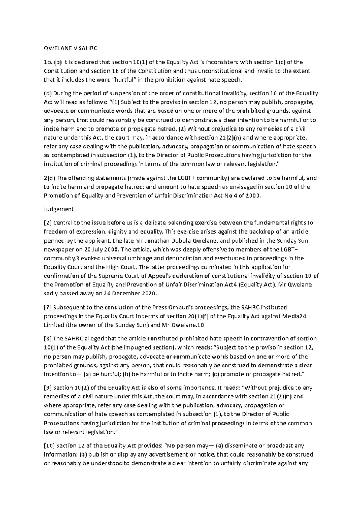 Qwelane vs SAHRC: Constitutional Ruling on Hate Speech (Equality Act ...