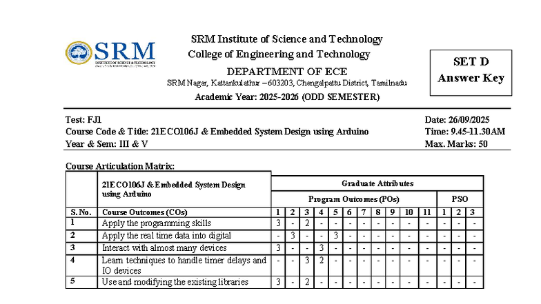 Answer Key for FJ1 Set D - 21ECO106J Embedded System Design - Studocu