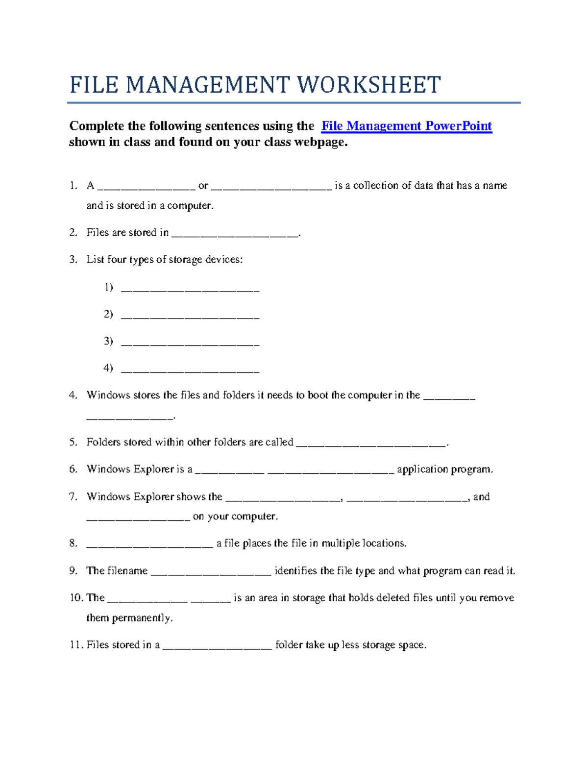 Computer managing files and folder worksheet 1 - FILE MANAGEMENT ...