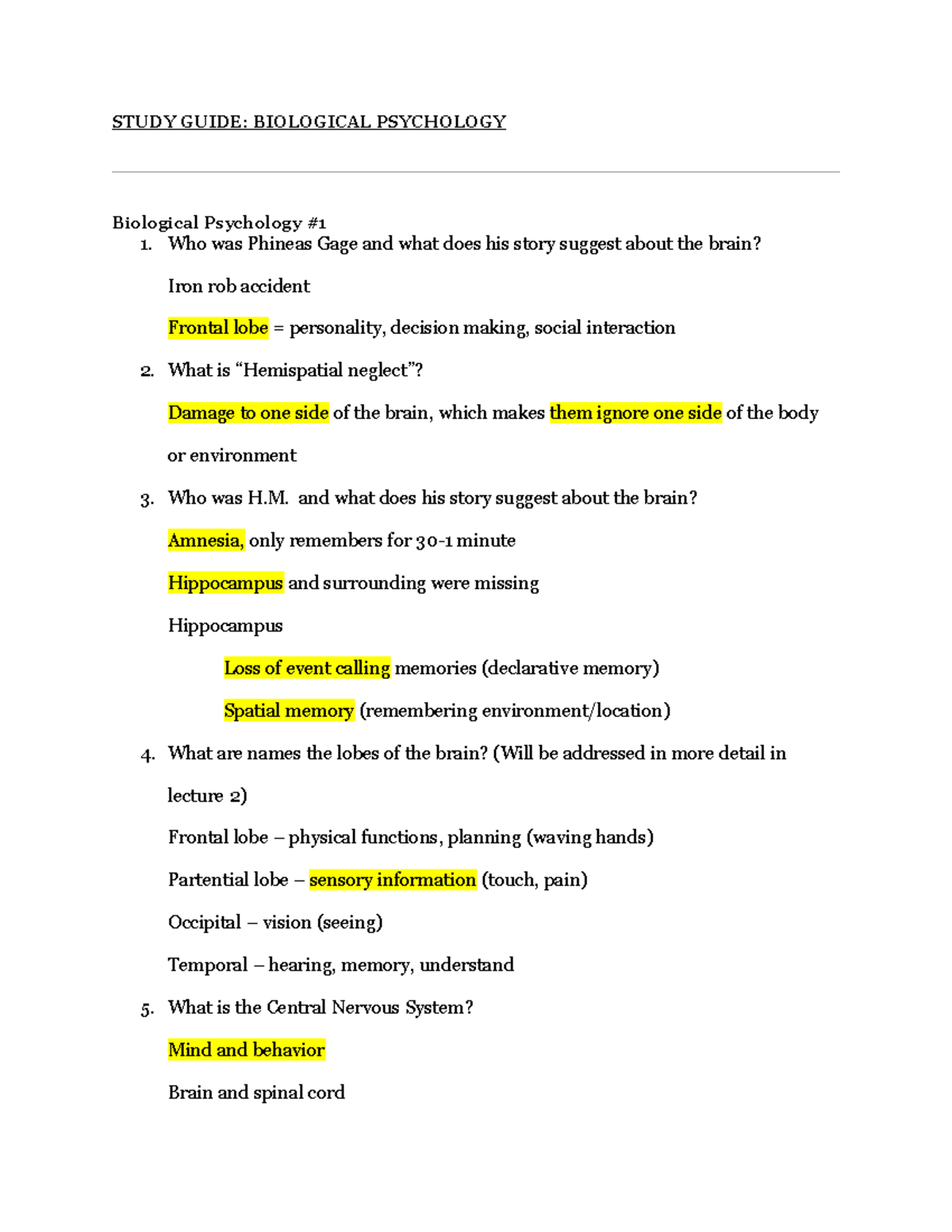Study Guide: Biological Psychology Concepts & Key Definitions (PSY 101 ...