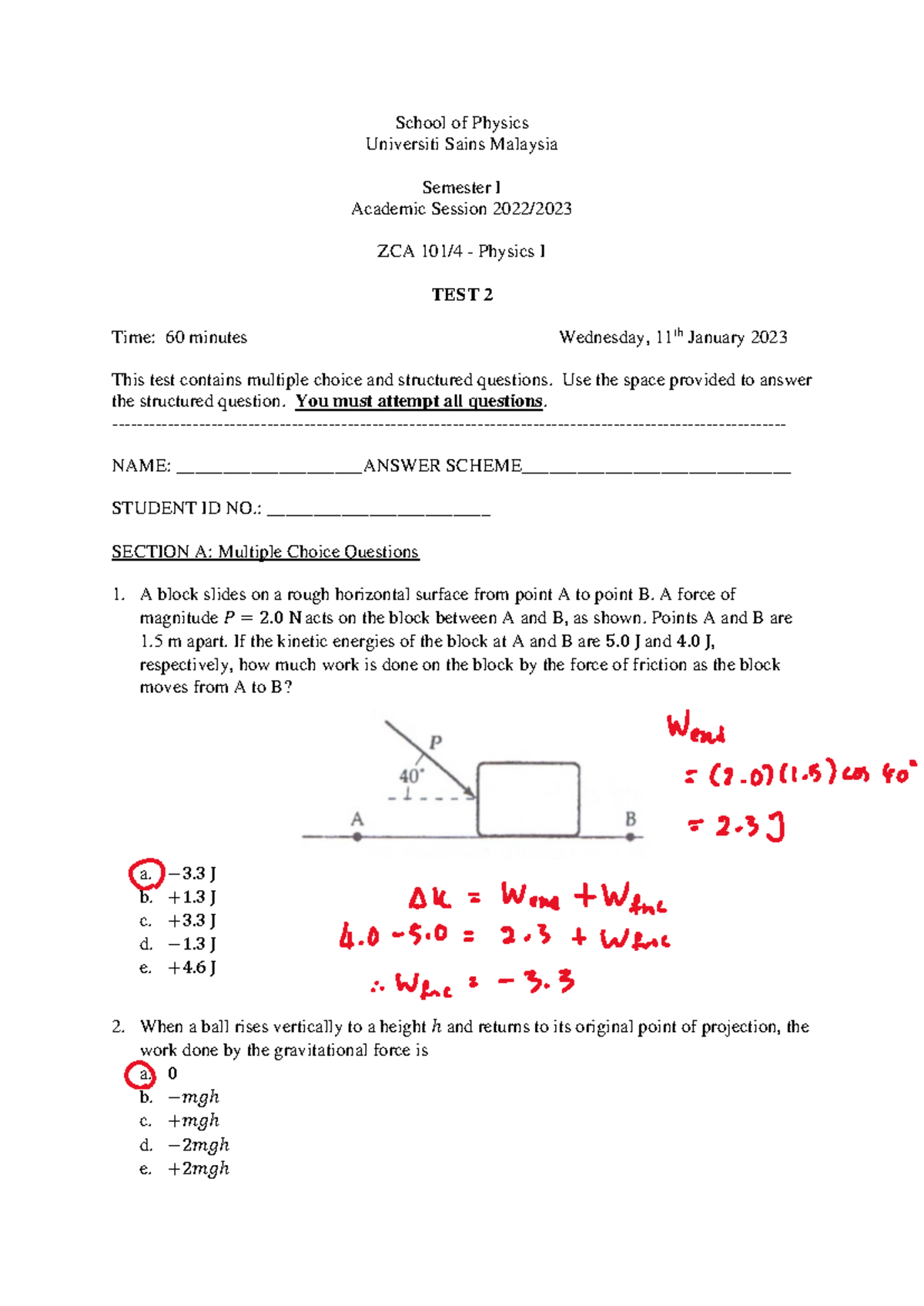 ZCA 101 Final Test 2 Jan 2023 - Physics I Examination Guide - Studocu