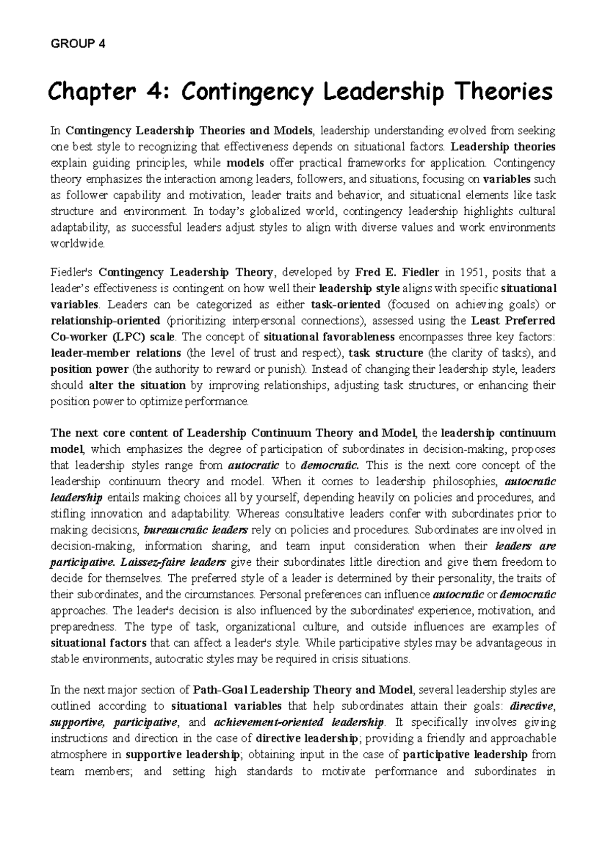 GROUP 4 Chapter 4: Summary of Contingency Leadership Theories - Studocu