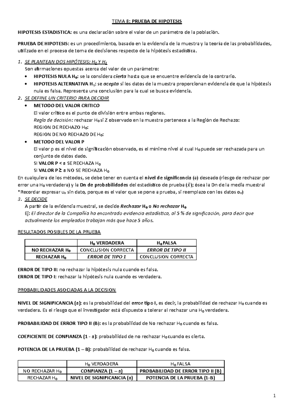 TEMA 8: PRUEBA DE HIPÓTESIS EN ESTADÍSTICA - EFWE - Studocu