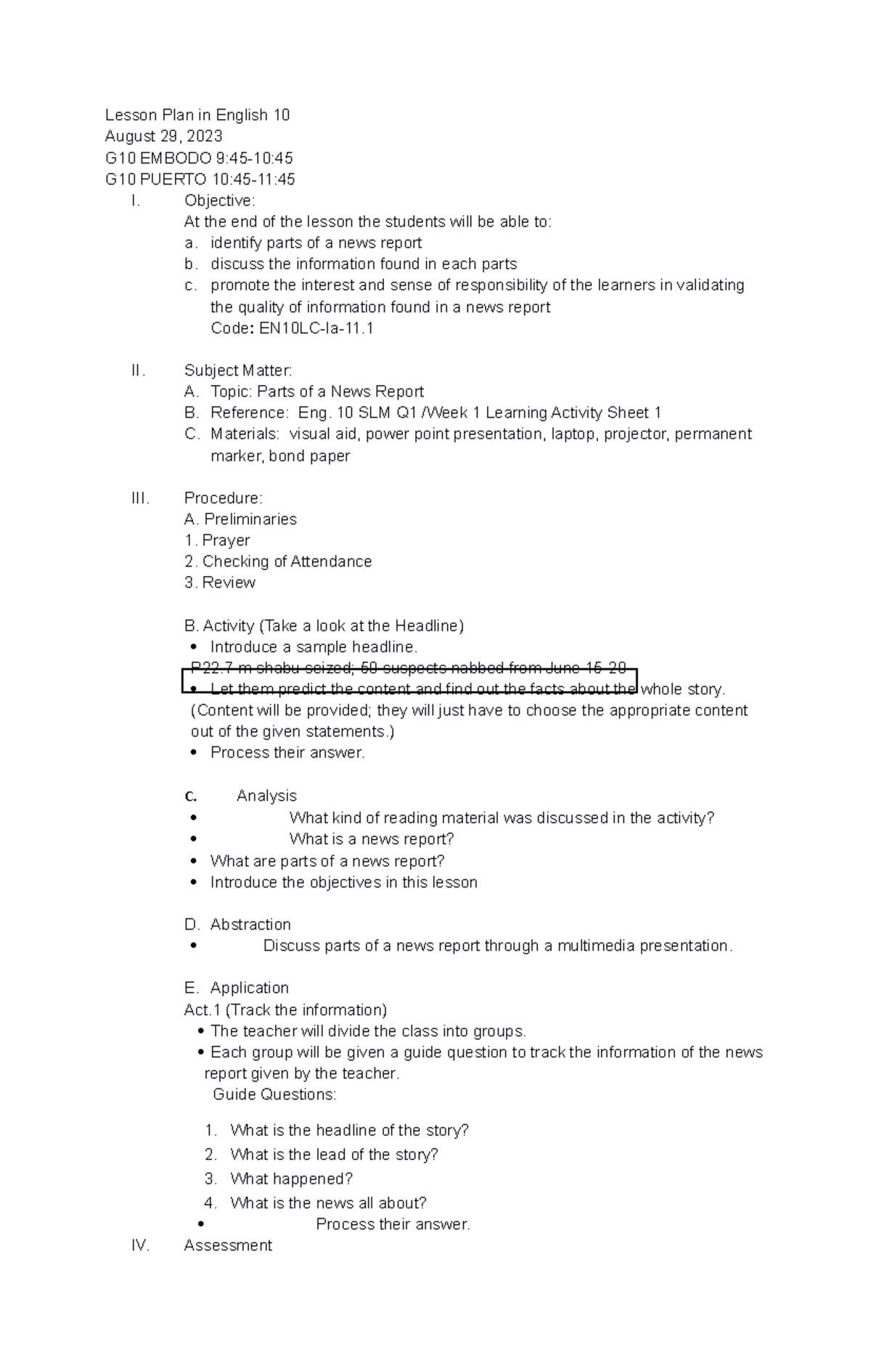 LP ENG10 SY2023 - Exploring Parts of a News Report Lesson Plan - Studocu