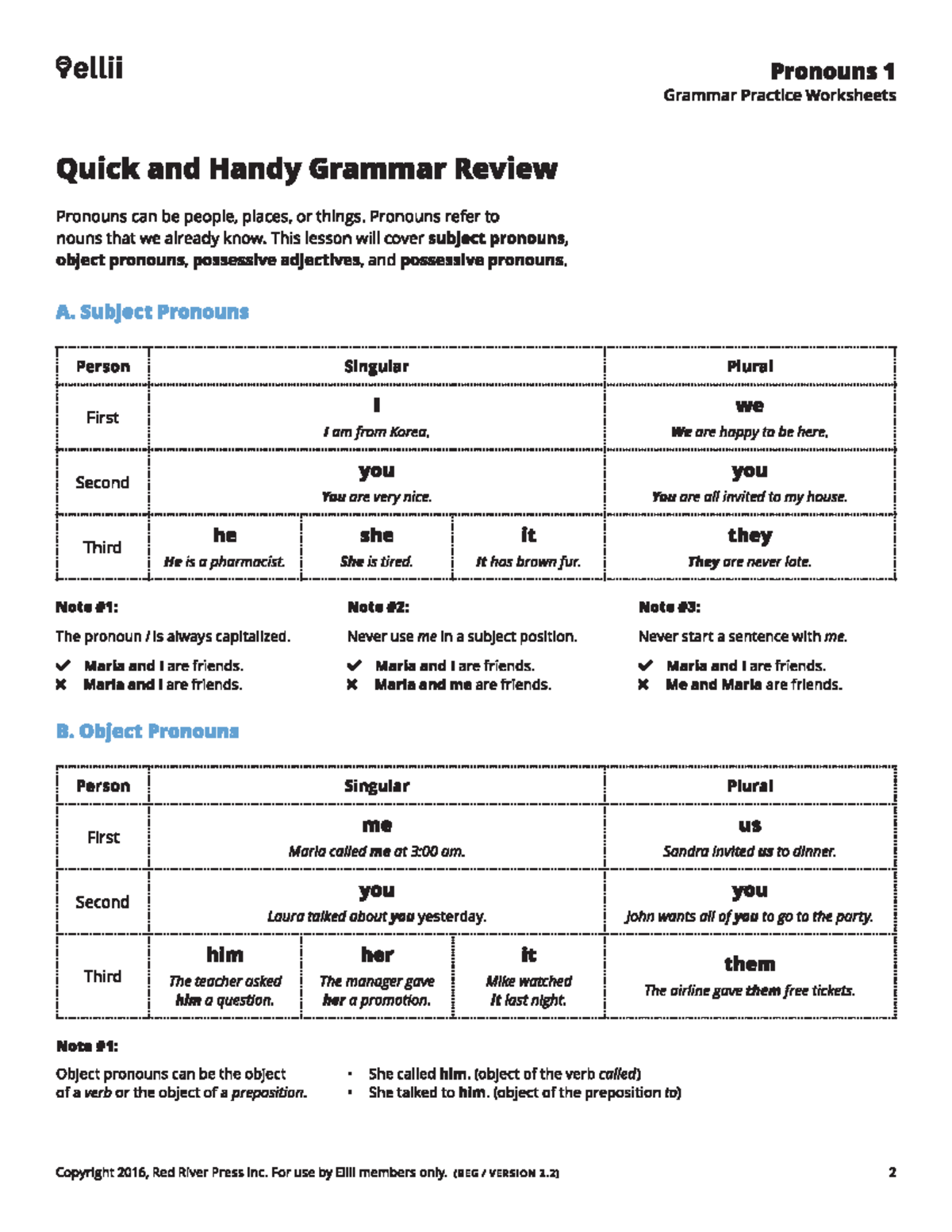 Subject and Object Pronouns: Grammar Practice Worksheets - Studocu