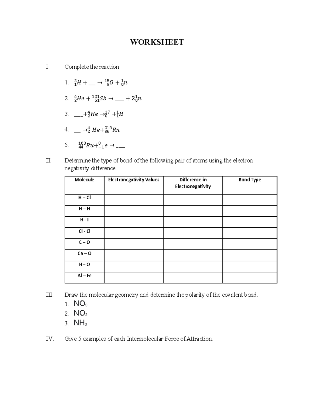 Inbound 7763709125339402500 - WORKSHEET I. Complete the reaction 1. 12 ...