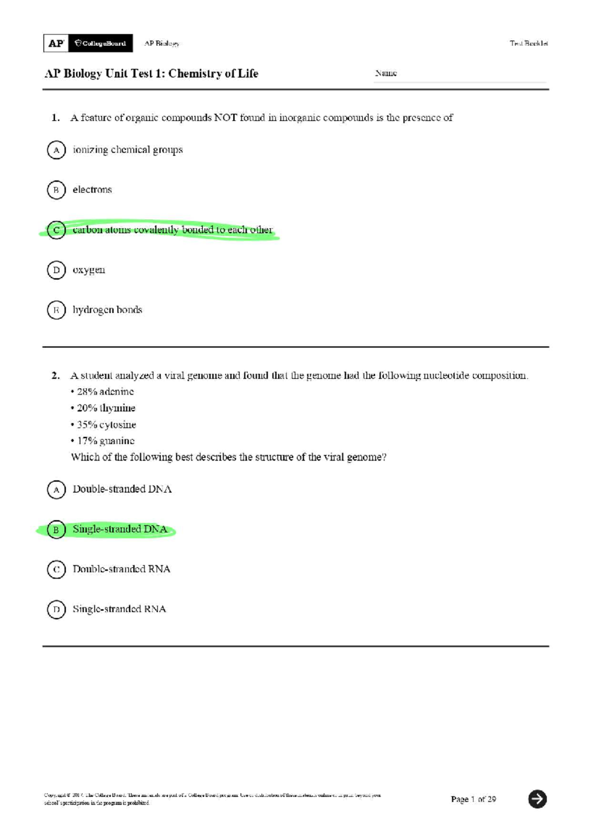 AP Biology Unit Test 1: Chemistry of Life Review Guide - Studocu