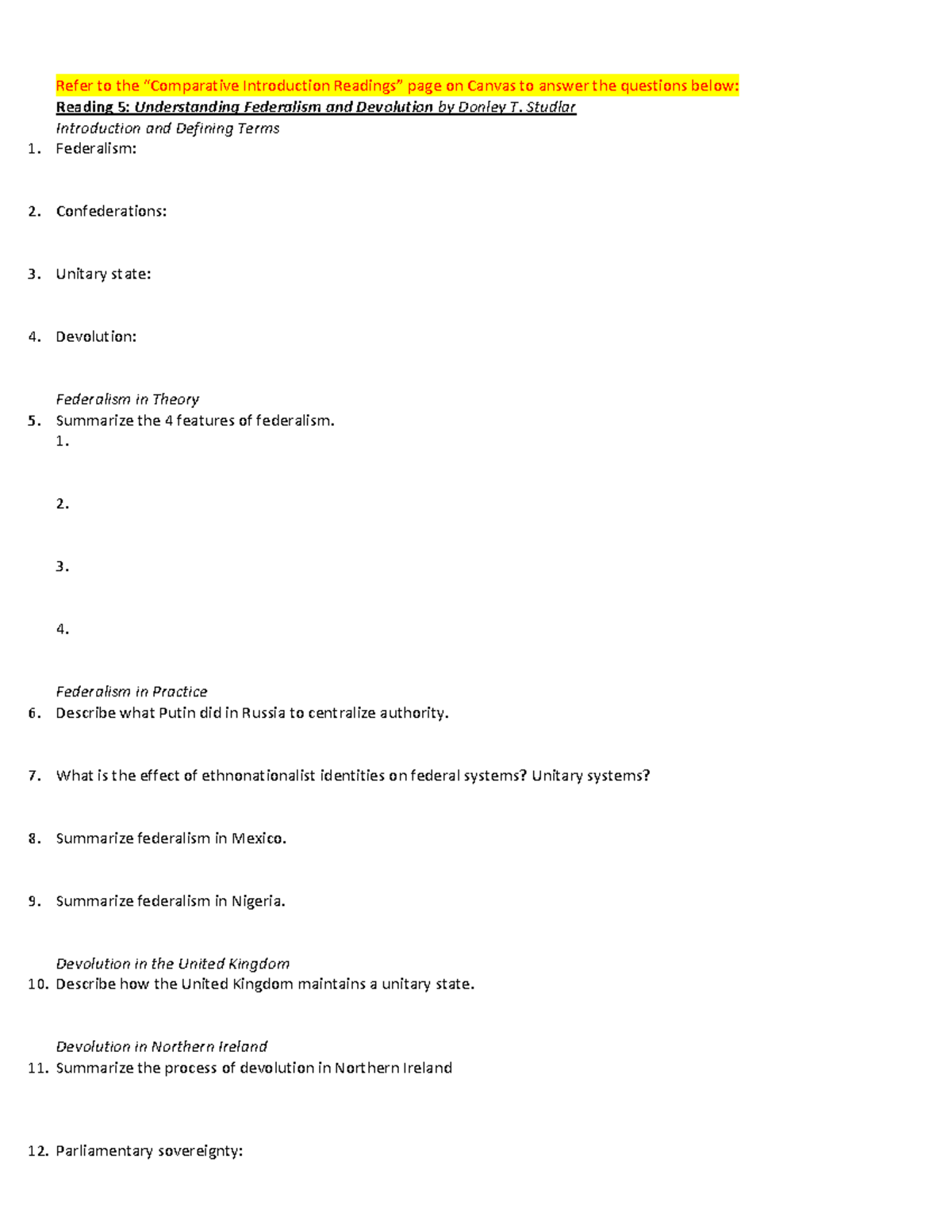COPO Reading Questions: Federalism, Devolution & Political Culture ...