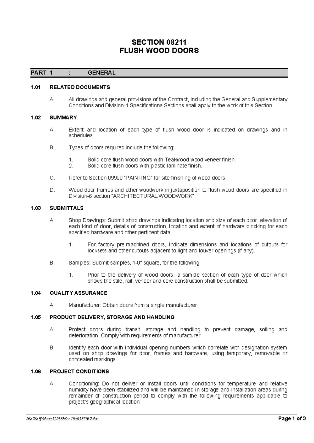 08211 - Specifications for Flush Wood Doors Installation - Studocu