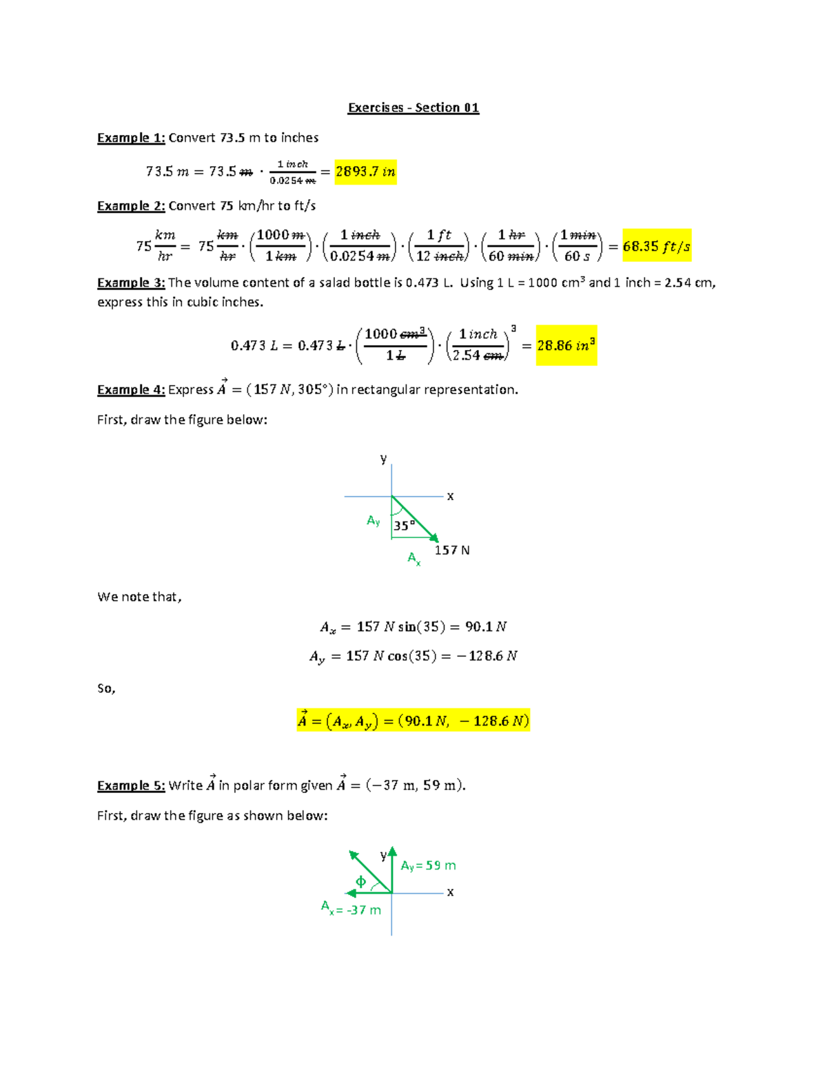01 - Exercises Solutions to Chapter 1: Unit Conversions & Vectors - Studocu