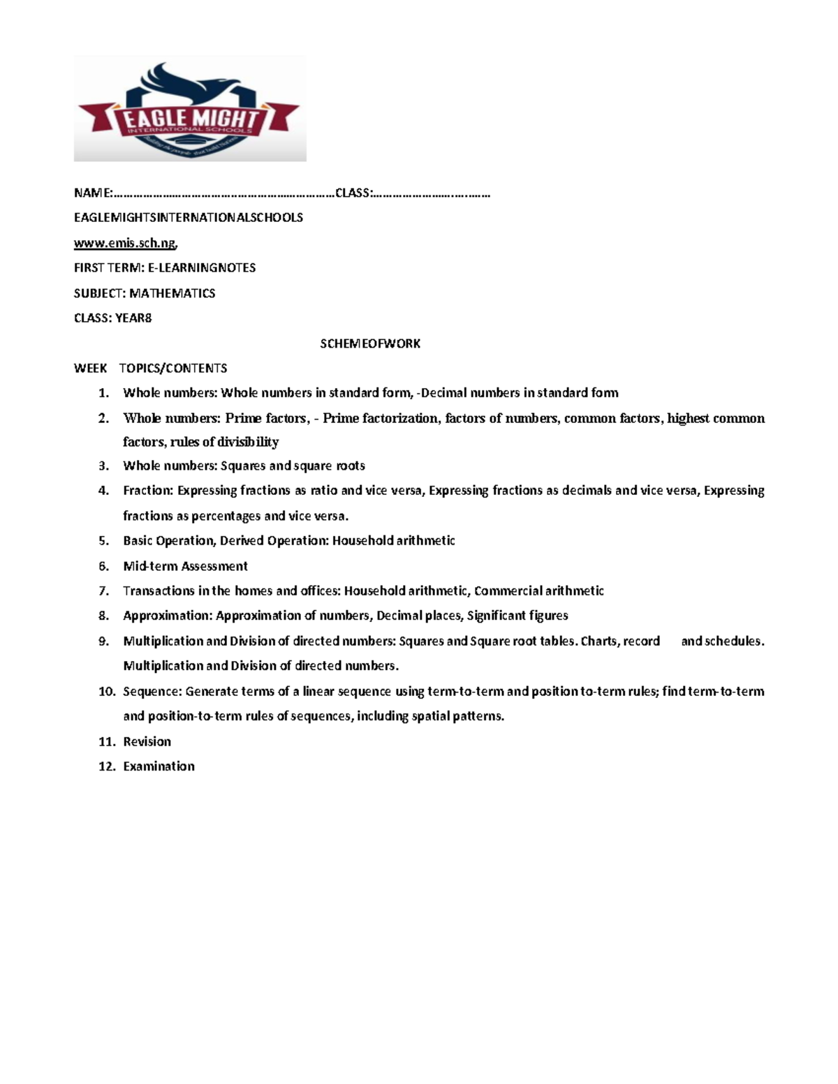 YEAR 8 First Term Mathematics Scheme of Work: Week 1 Overview - Studocu