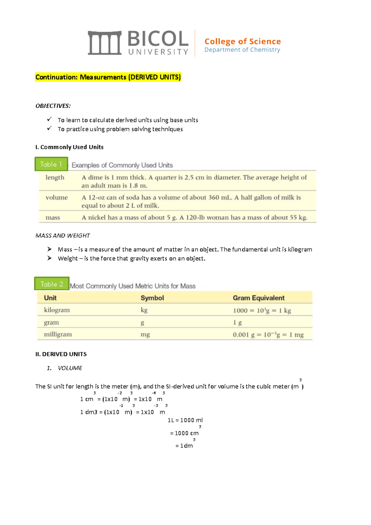 Measurement of Derived Units: Mass, Volume, and Density (MET CHEM ...