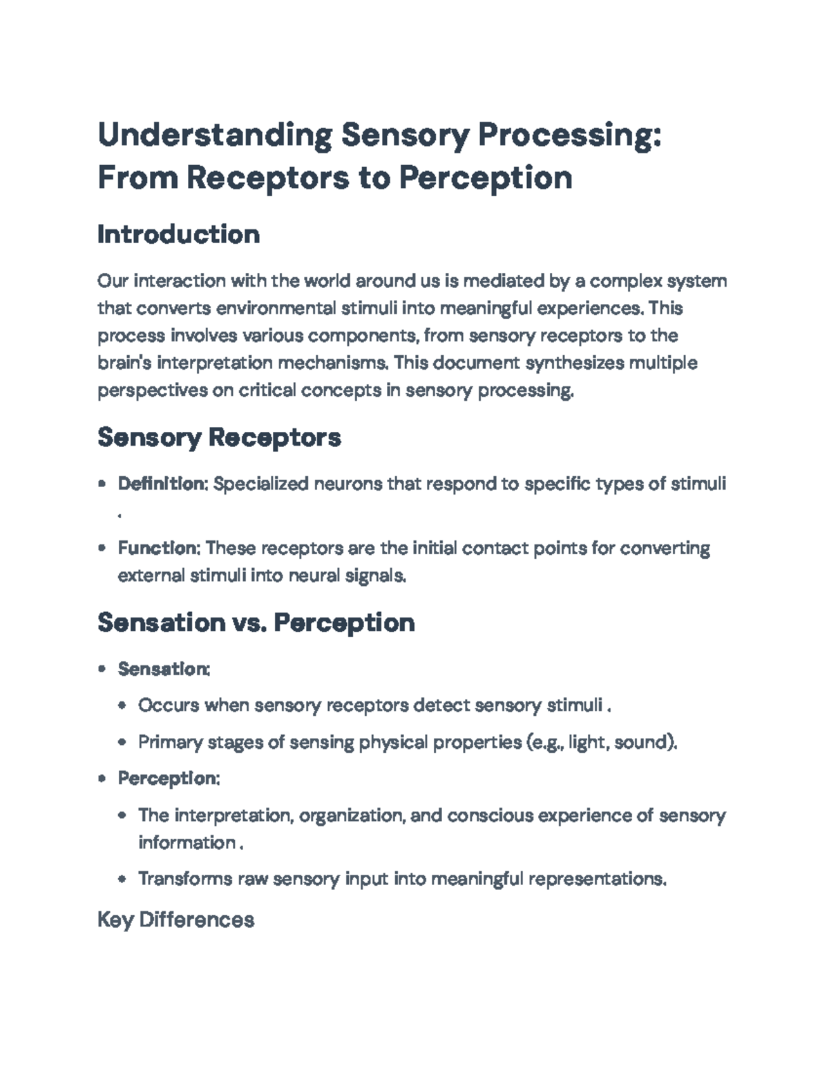Understanding Sensory Processing: From Receptors to Perception Overview ...