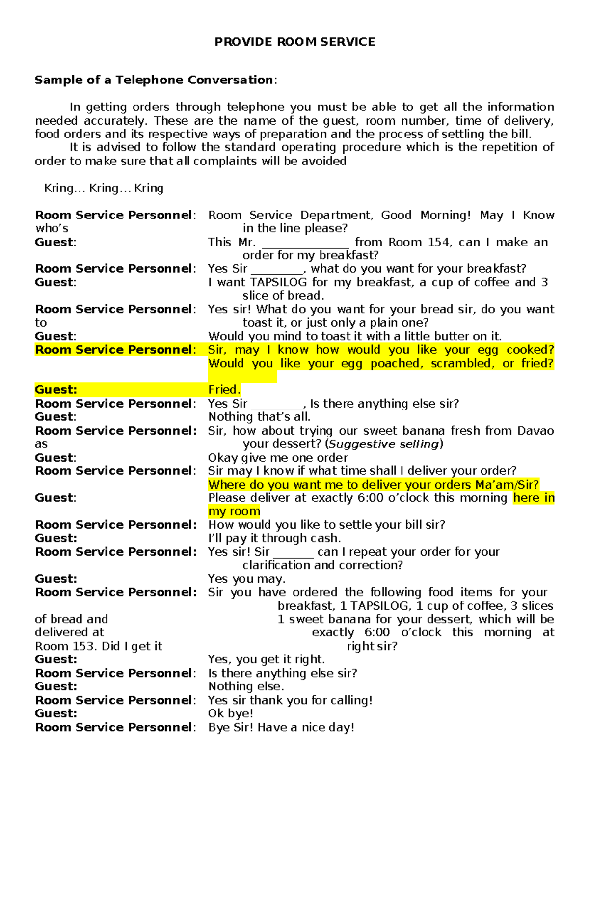 ROOM Service Script: Sample Telephone Conversation for Orders - Studocu