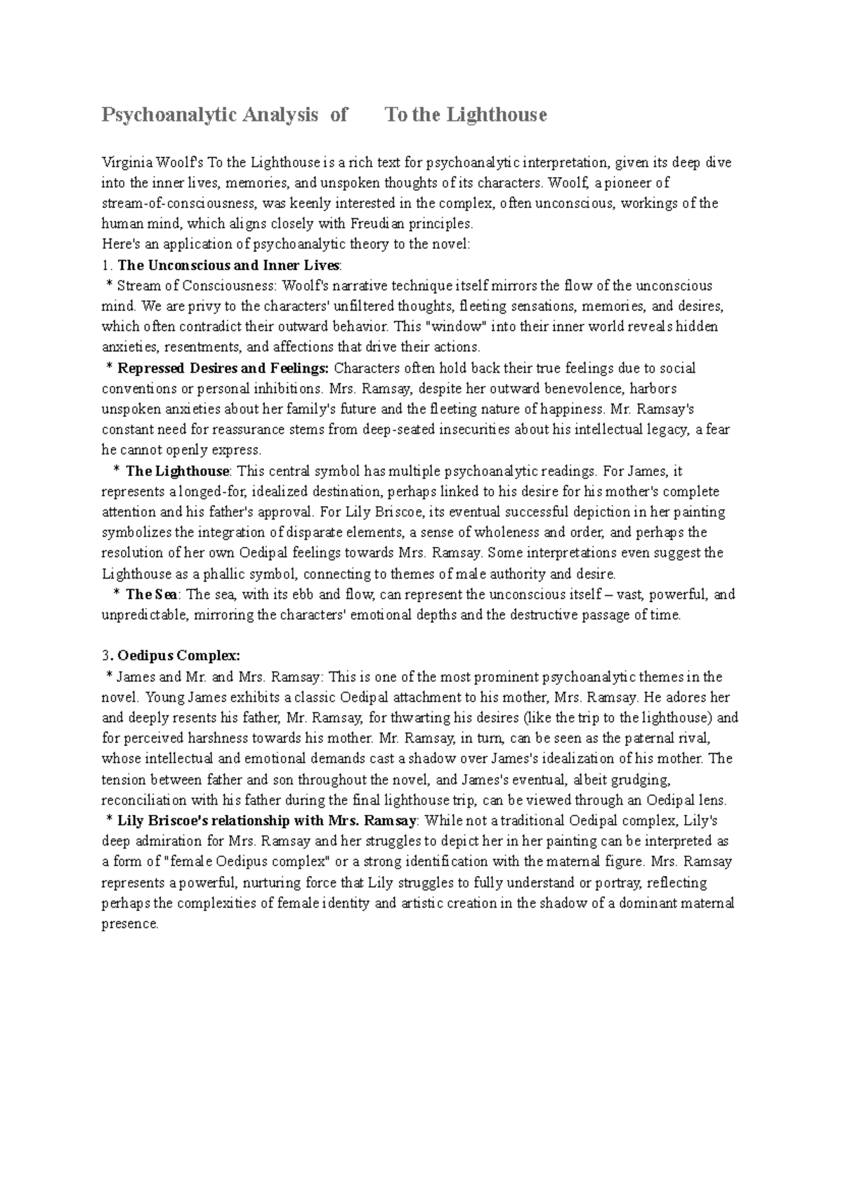 Psychoanalytic Analysis of "To the Lighthouse" (ENG 101) - Studocu