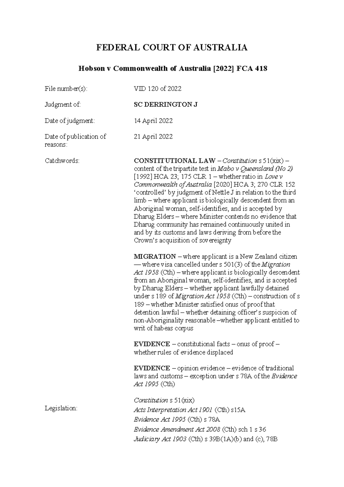 Hobson v Commonwealth [2022] FCA 418 - Legal Summary & Analysis - Studocu