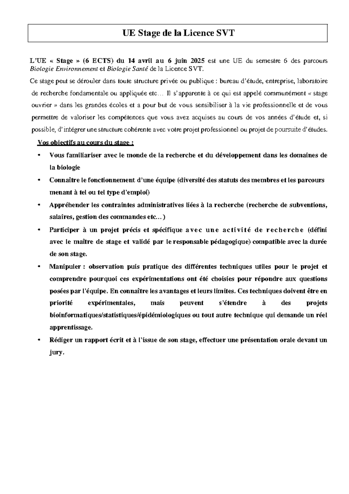 UE Stage de la Licence SVT (6 ECTS) - Guide Pratique 2025 - Studocu