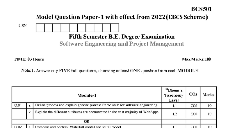BCS501 Model Question Paper for Software Engineering & Project ...