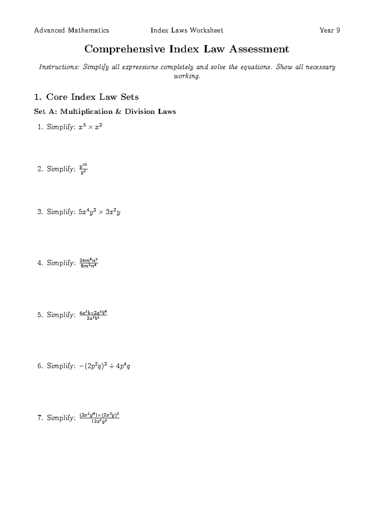 Advanced Mathematics Index Laws Worksheet Year 9 Practice 1 - Studocu