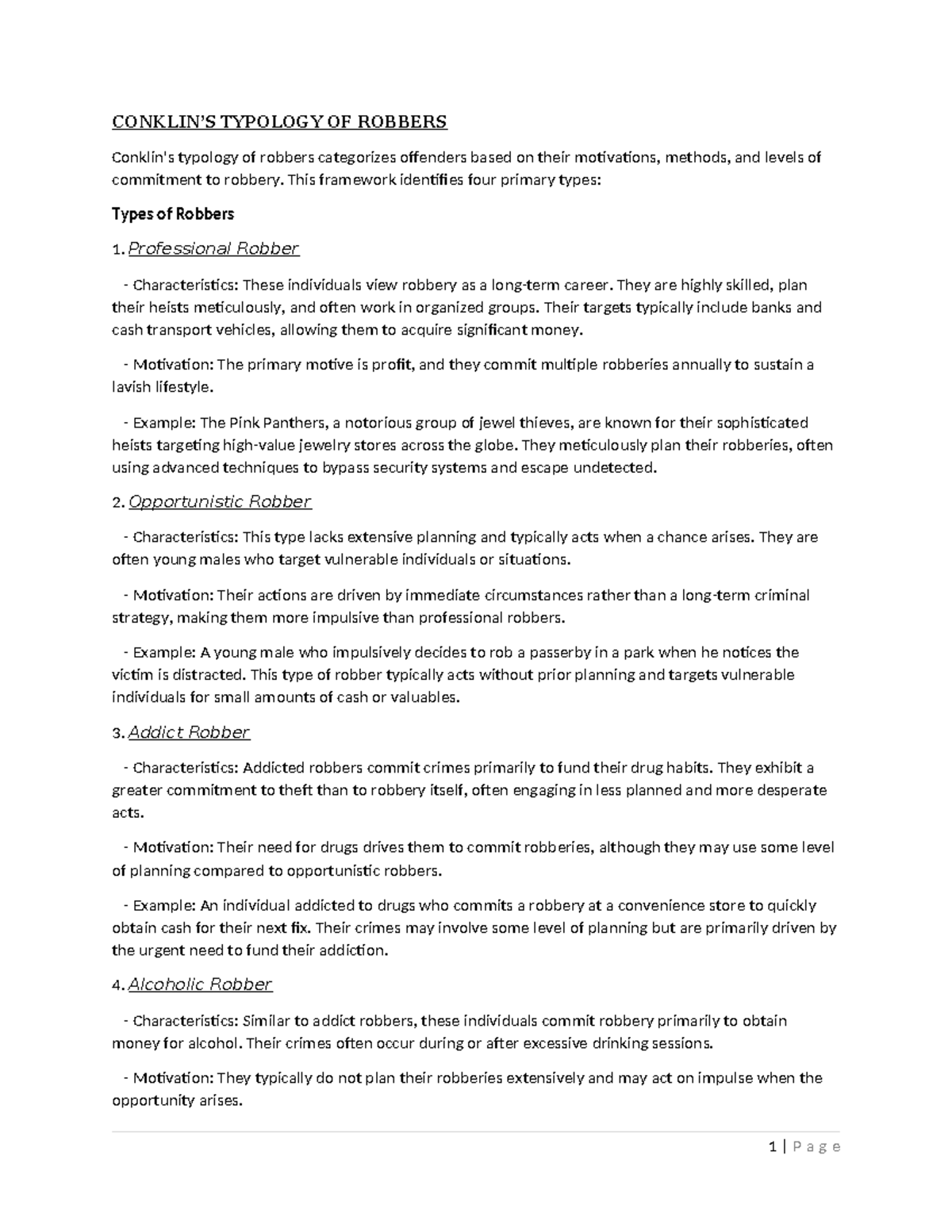 Conklin's Typology of Robbers: Classifications and Case Studies - Studocu