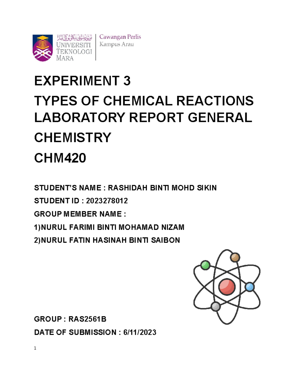 CHM Lab Report 3: Exploring Types of Chemical Reactions - Studocu