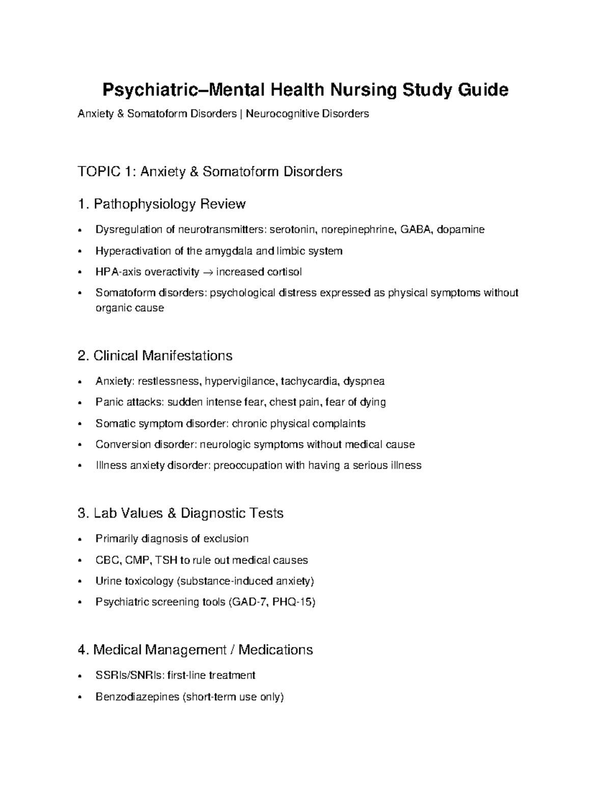 Anxiety, Somatoform & Neurocognitive Disorders Study Guide (NURS 101 ...