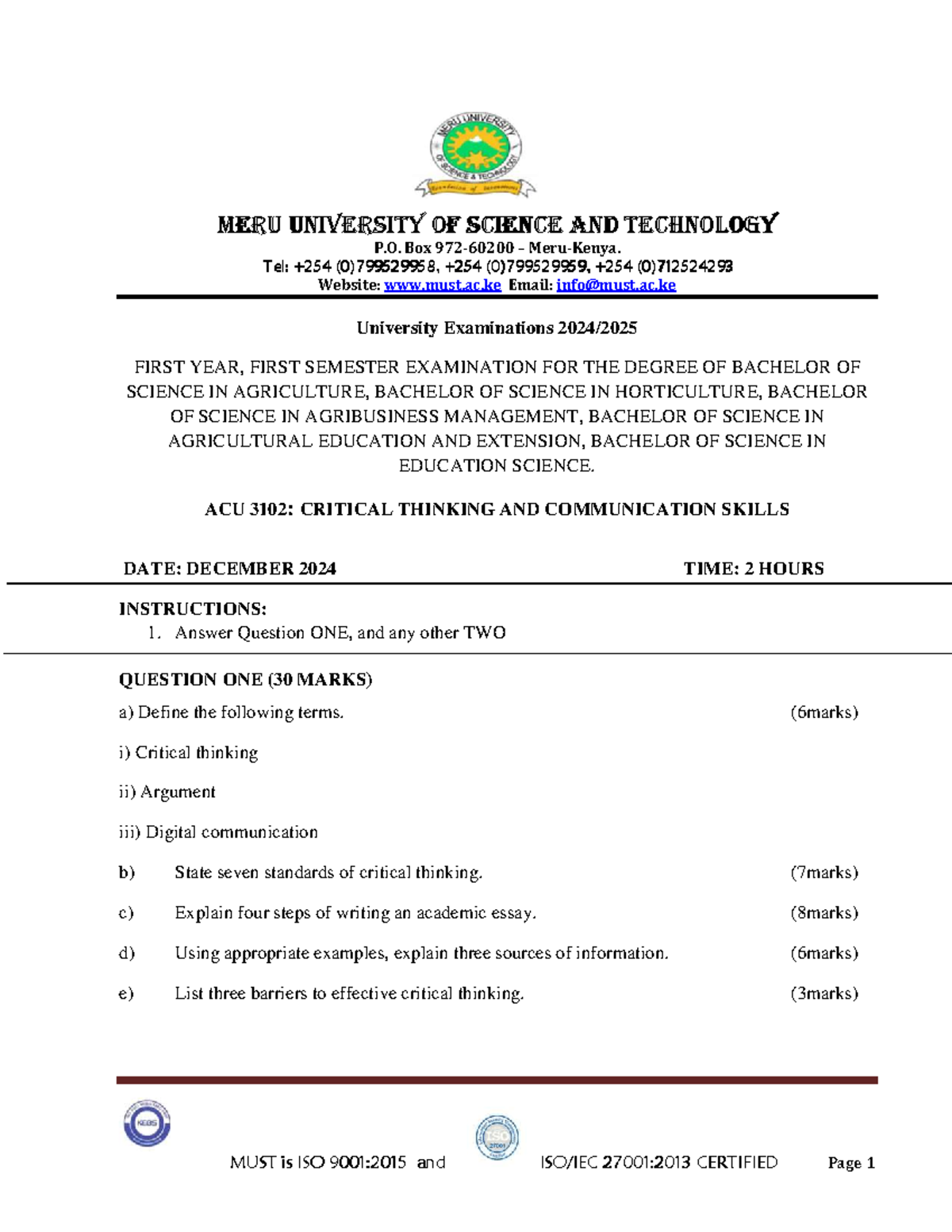 ACU 3102: Critical Thinking & Communication Skills Exam Notes - Studocu