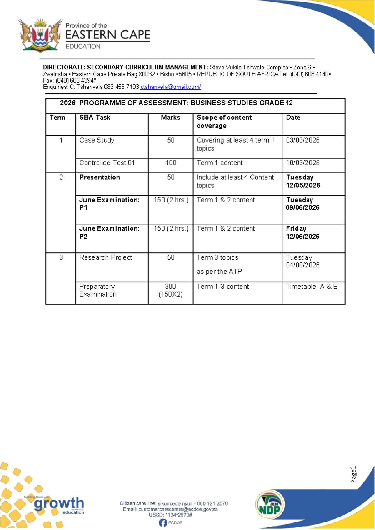 2026 Business Studies Grade 12 Programme of Assessment - Studocu