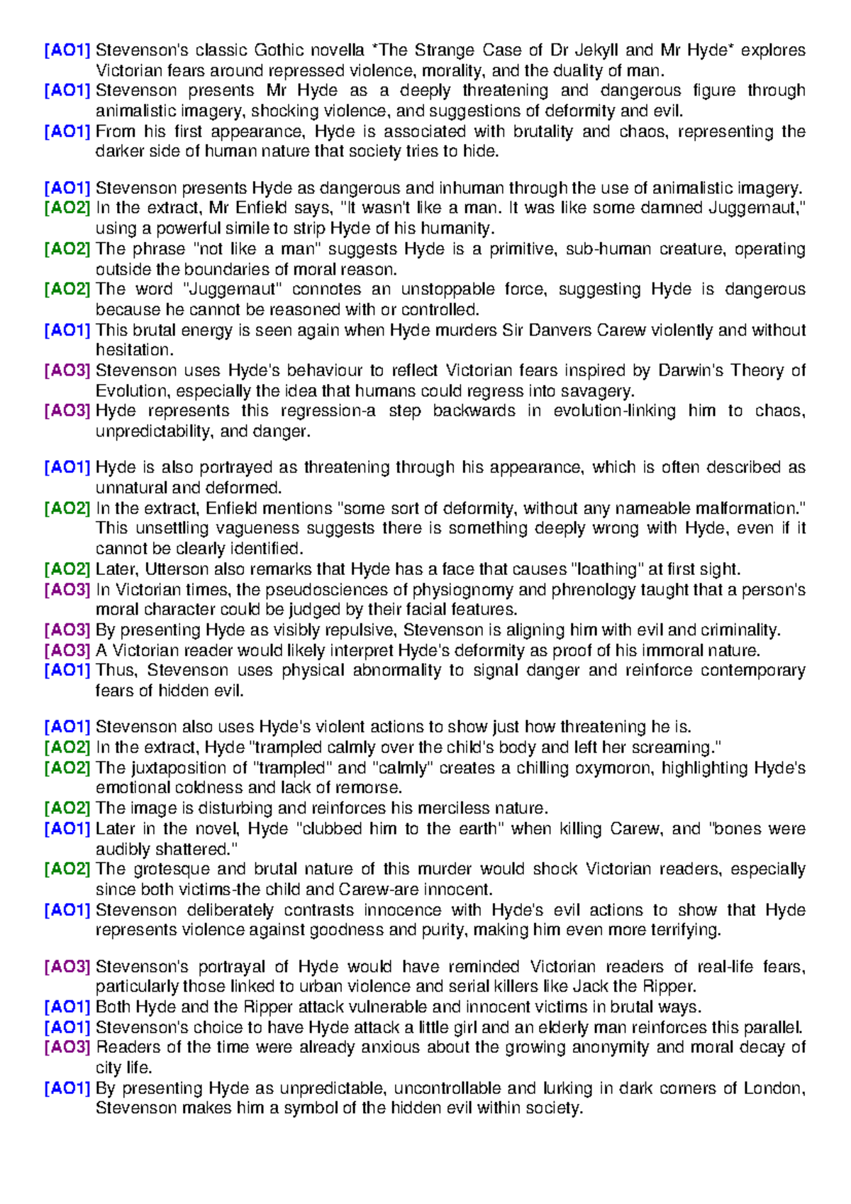 Hyde Essay (AO Colours) - Exploring Victorian Fears in Jekyll & Hyde ...