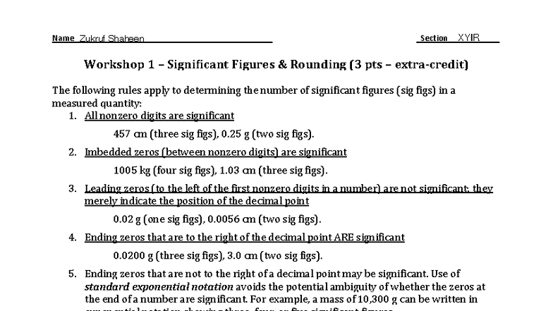 General Chemistry I WS0b Workshop: Significant Figures & Rounding - Studocu