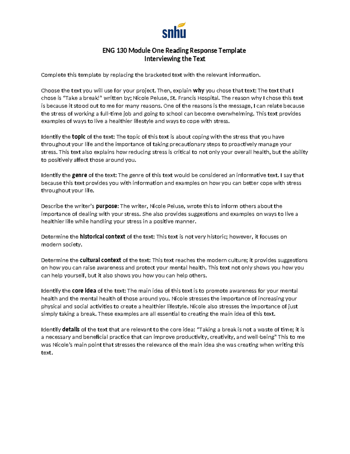 ENG 130 Module One Reading Response - Choose the text you will use for ...