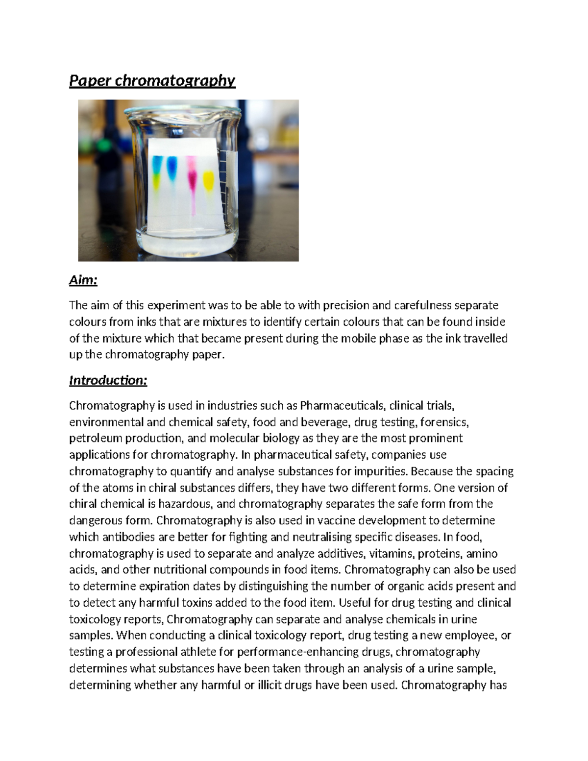 Thin layer chromatography and paper chromatography - Paper chromatography Aim: The aim of this ...
