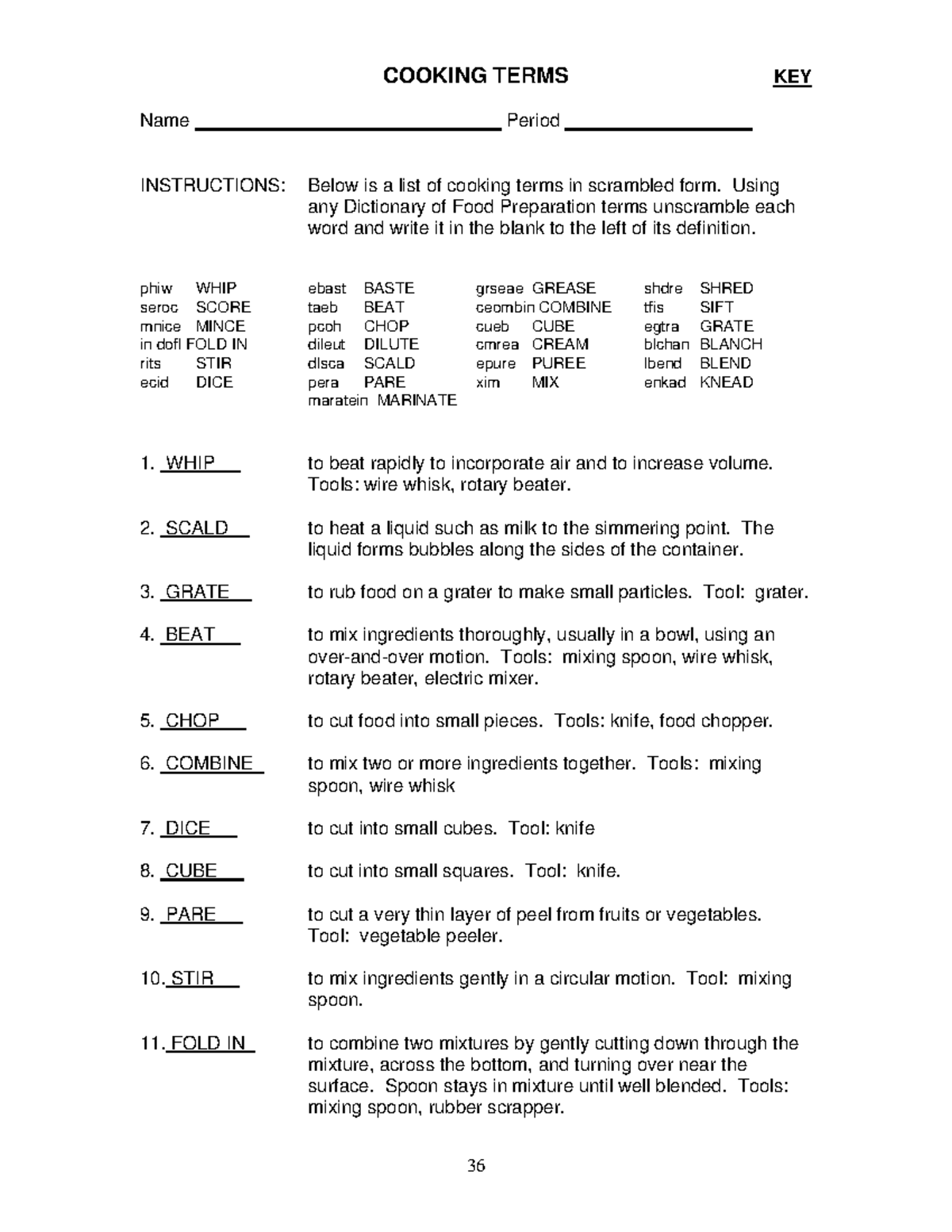 Cooking Terms Key - Worksheet Answers and Notes for Culinary 101 - Studocu