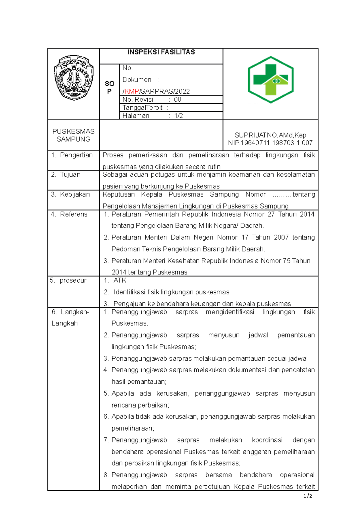 SOP Inspeksi Fasilitas Puskesmas: Prosedur dan Kebijakan - Studocu