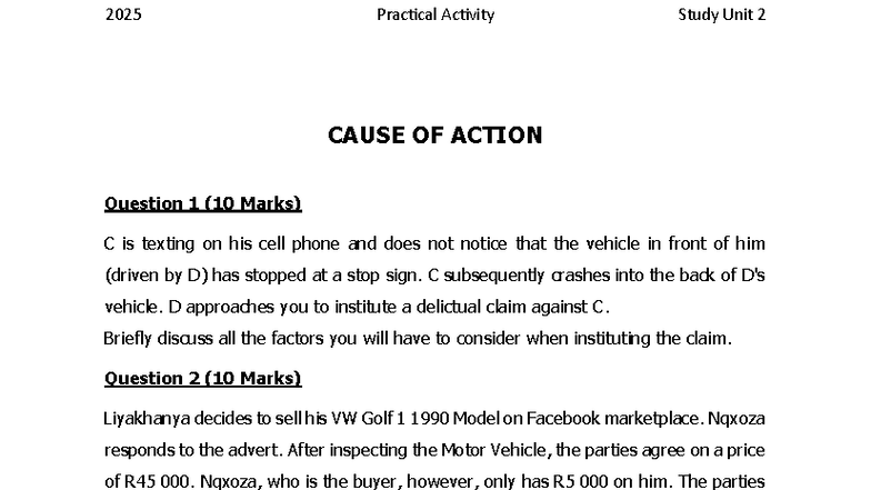 2025 Practical Activity Study Unit 2: Delictual Claims & Divorce Issues ...