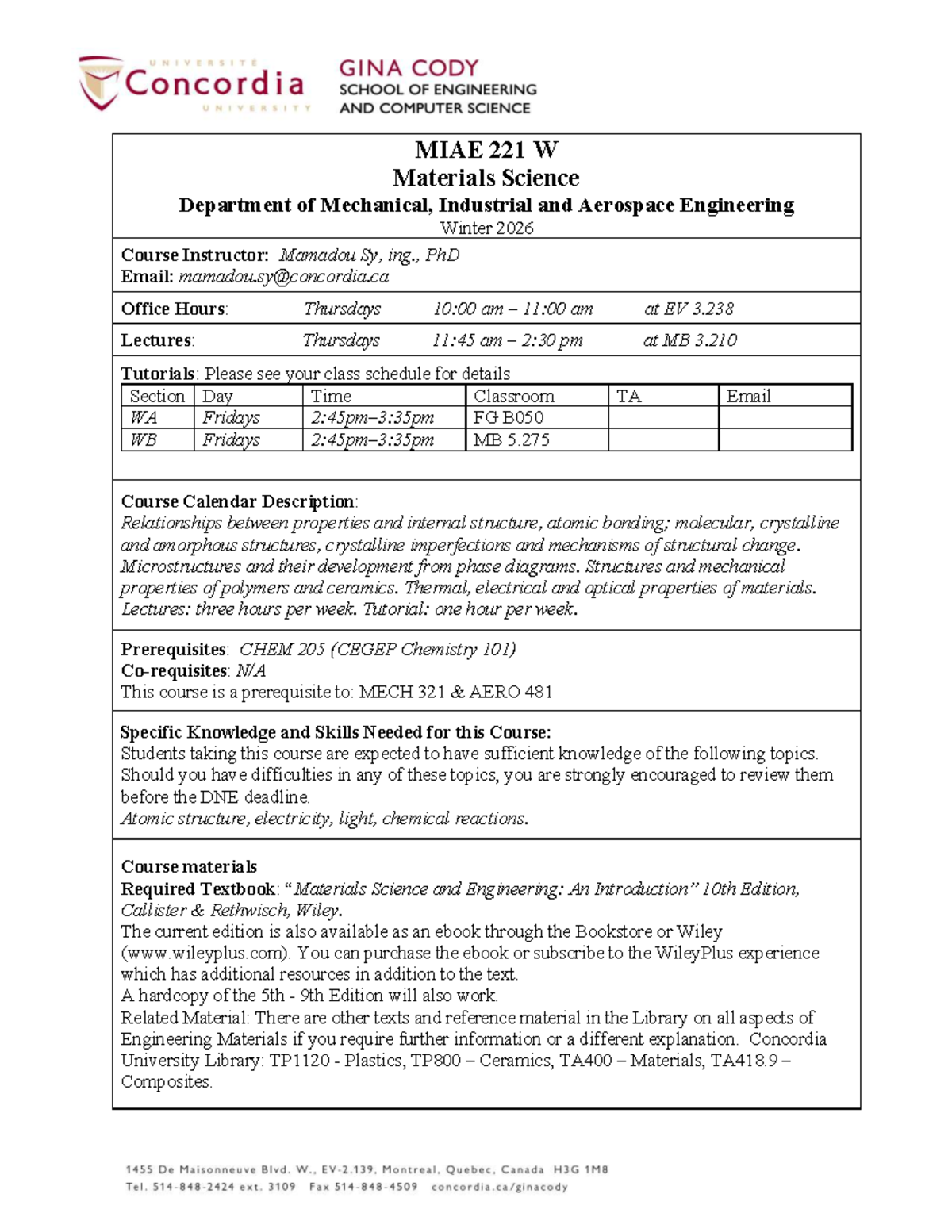 MIAE 221 W - 2026 Course Outline: Materials Science Overview - Studocu