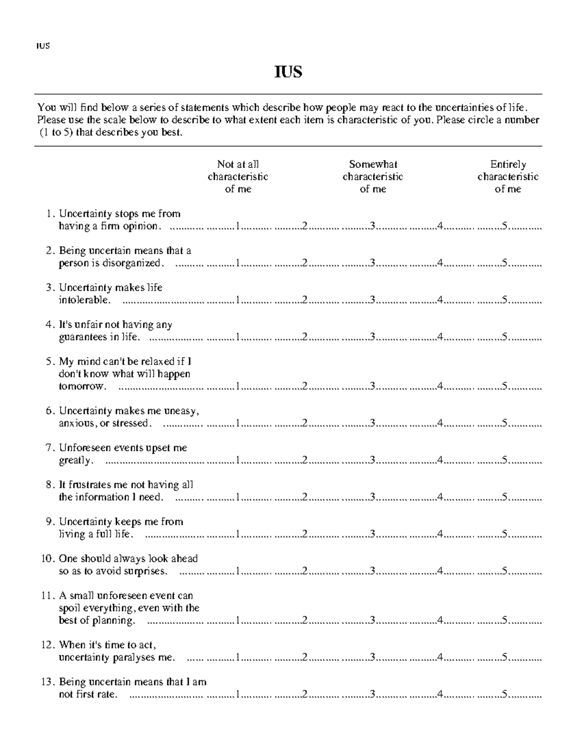IUS - Uncertainty Reaction Questionnaire - Studocu