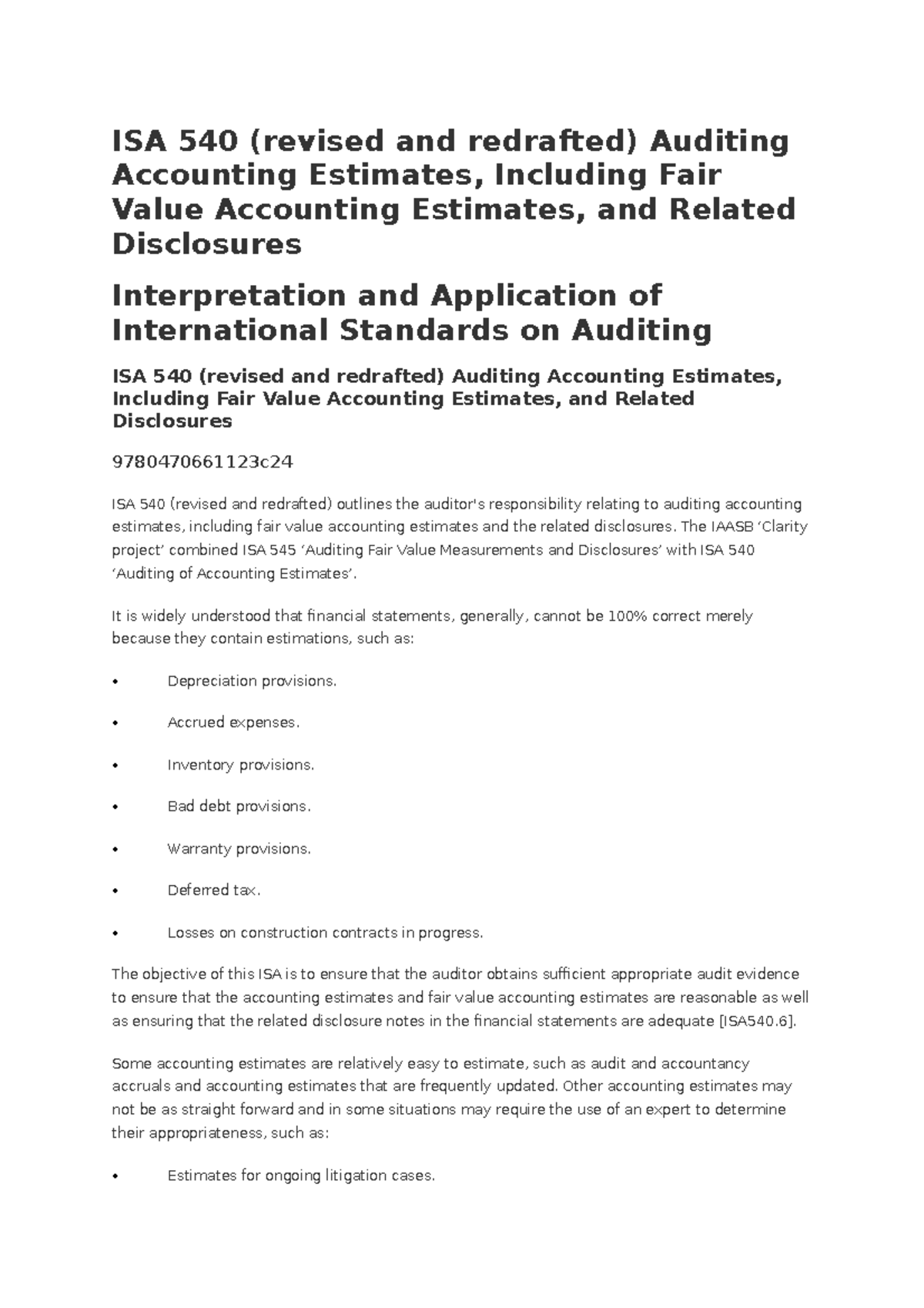 Accounting estimates summary - ISA 540 (revised and redrafted) Auditing ...