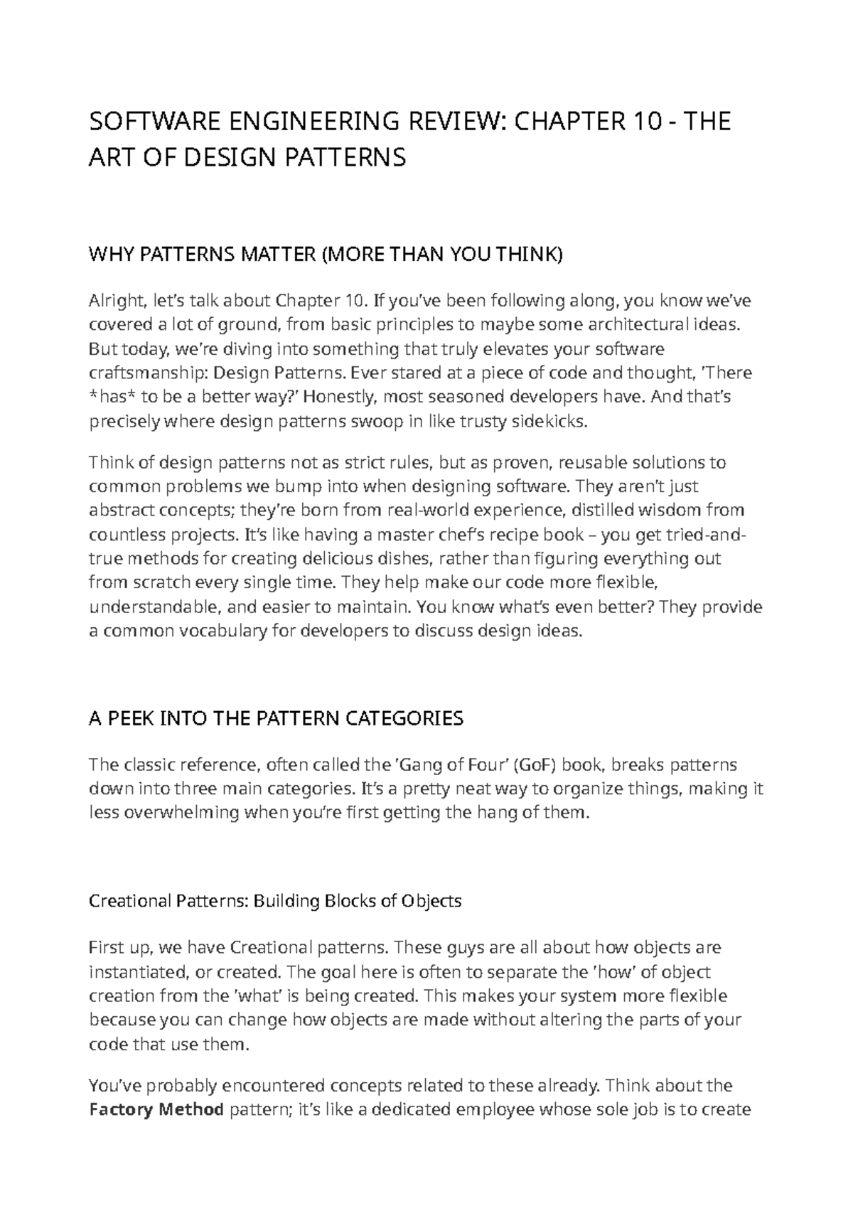SOFTWARE ENGINEERING REVIEW: CHAPTER 10 - DESIGN PATTERNS INSIGHTS - Studocu