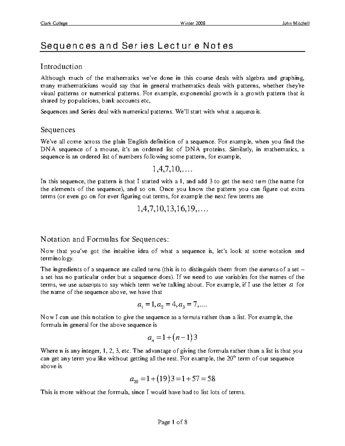 Clark College Winter 2008 MATH 101 Sequences and Series Lecture Notes ...