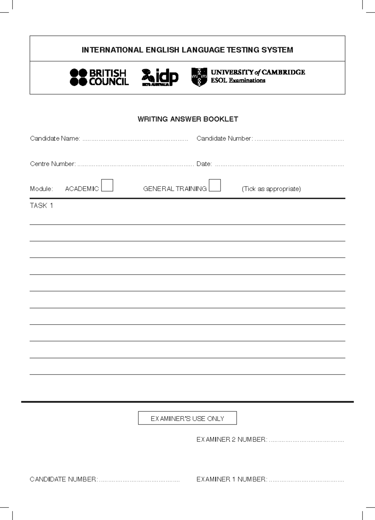 IELTS Writing Answer Booklet - Academic & General Training - Studocu