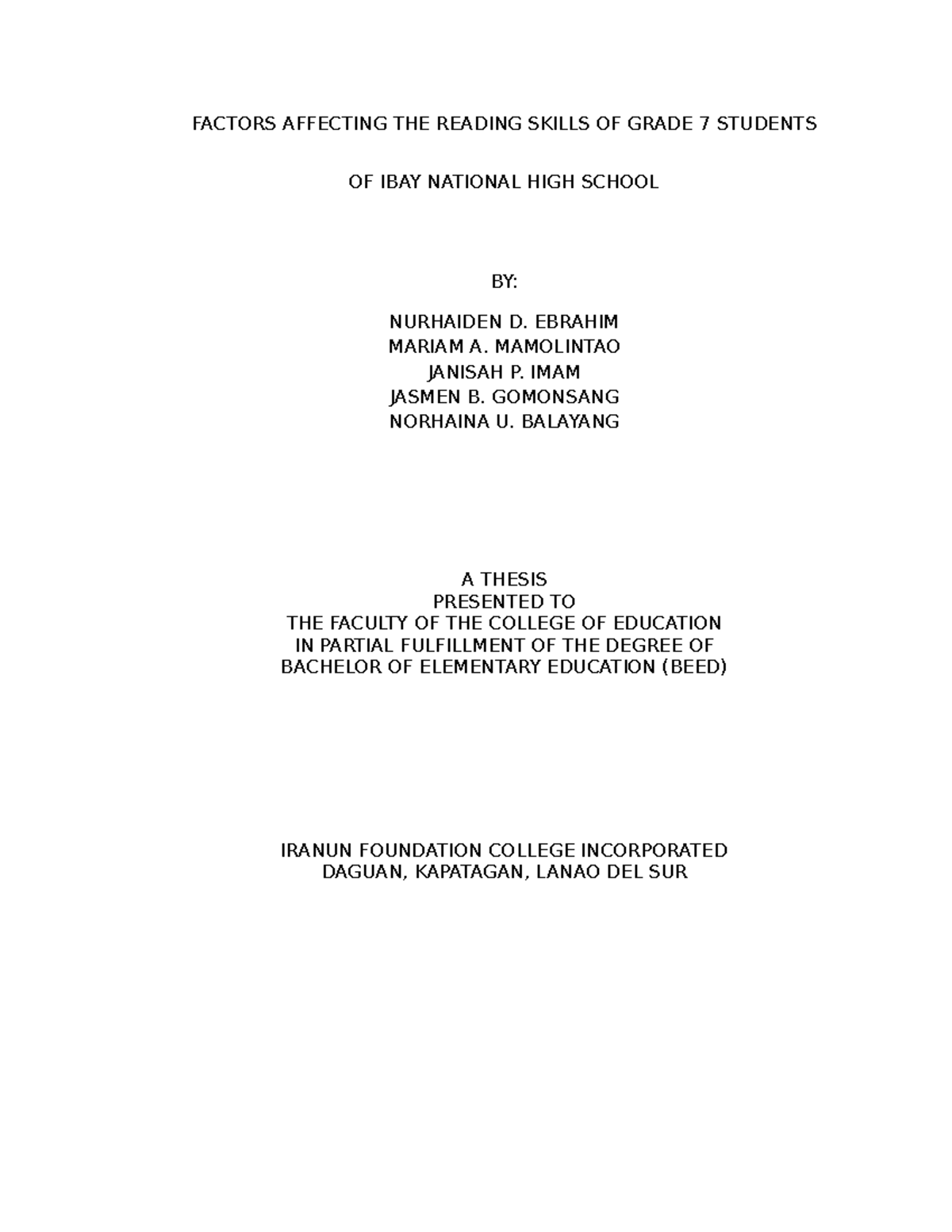 Factors affecting the reading skill of grade 7 - Copy - FACTORS ...