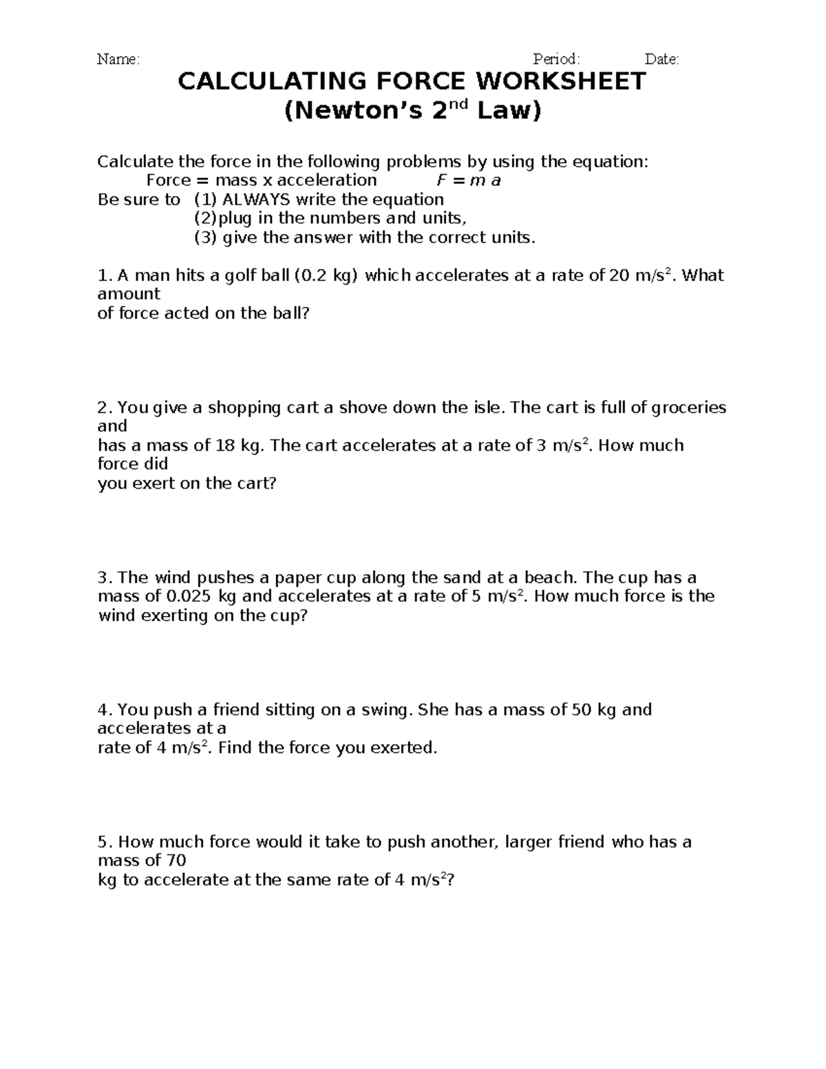 Force and Weight Calculations Worksheet (Newton's 2nd Law) - Studocu